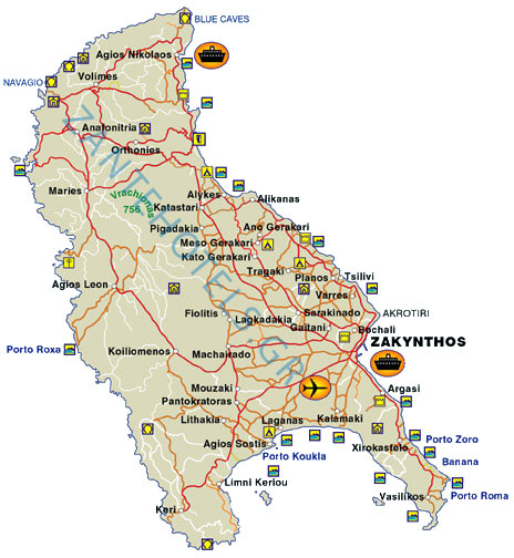 Zakynthos: Mapa🗺️ – Letoviska, pláže | ke stažení (.PDF)